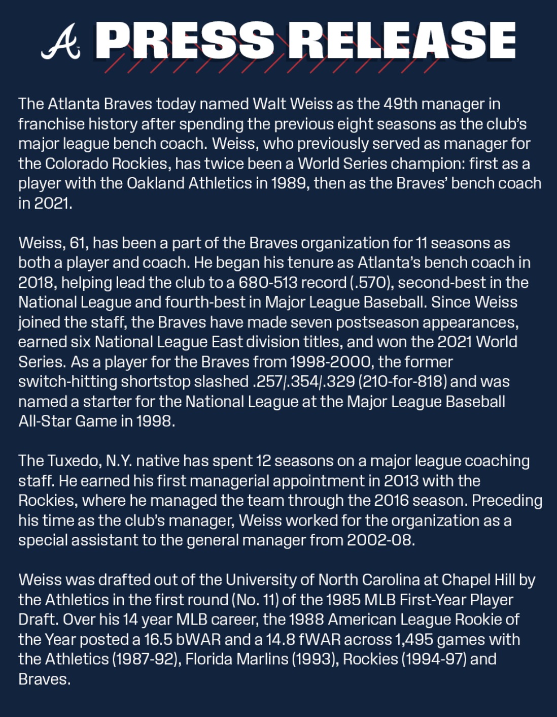 Braves announce Weiss as manager